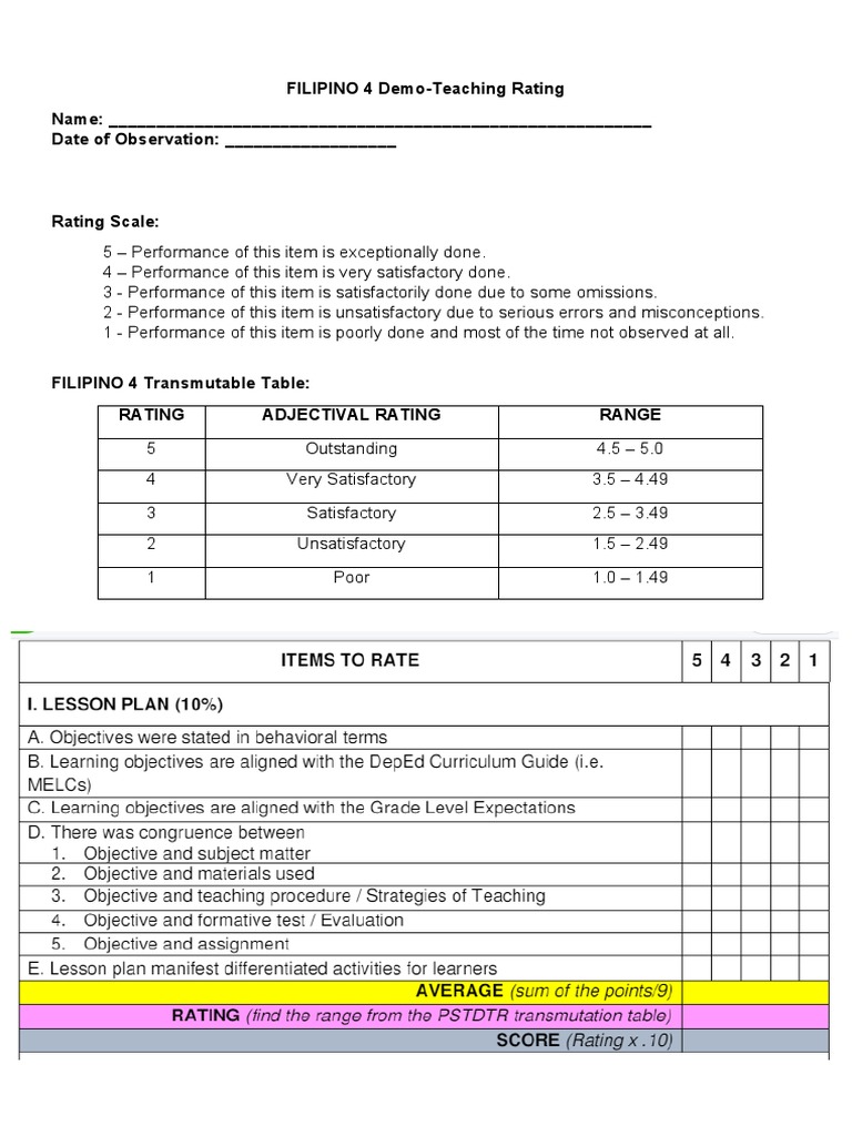 FILIPINO 4 Criteria For Demo Teaching | PDF