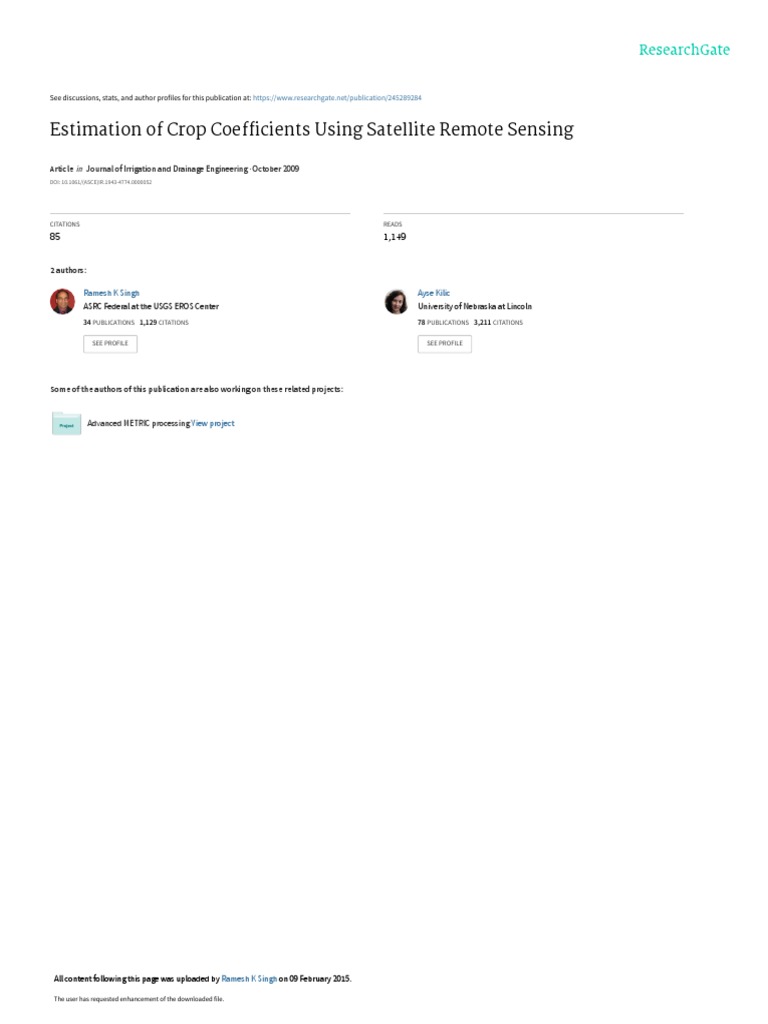 Estimation Of Crop Coefficients Using Satellite Remote Sensing Pdf Evapotranspiration