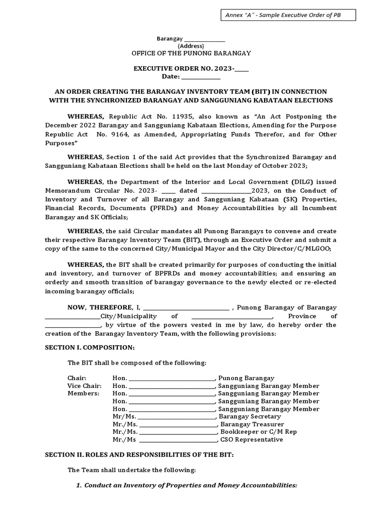 Barangay Executive Order for Inventory Team | PDF | Justice | Crime ...