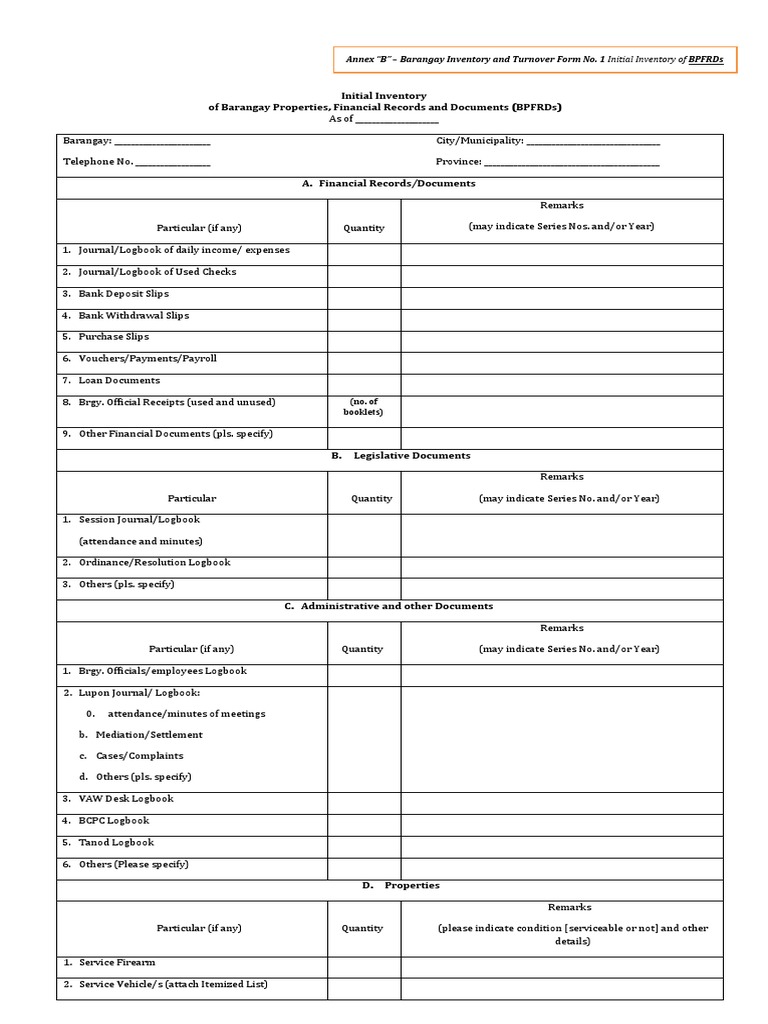 Annex "B" - Barangay Inventory and Turnover Form No. 1 Initial ...