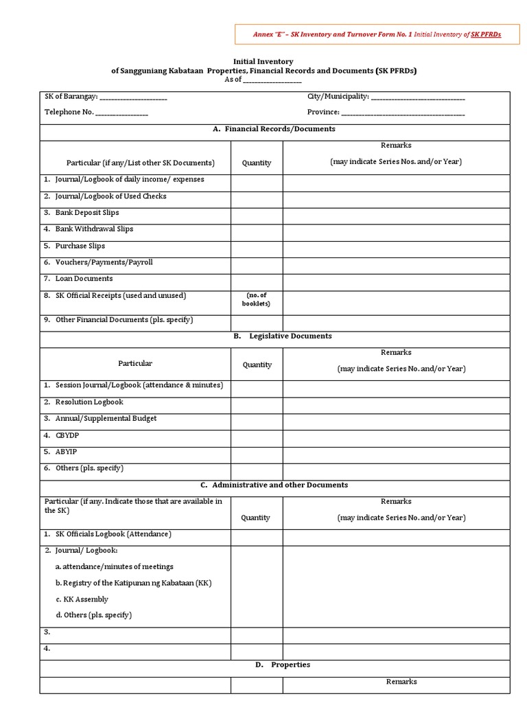 Annex "E" - SK Inventory and Turnover Form No. 1 Initial Inventory of SK PFRDs | PDF