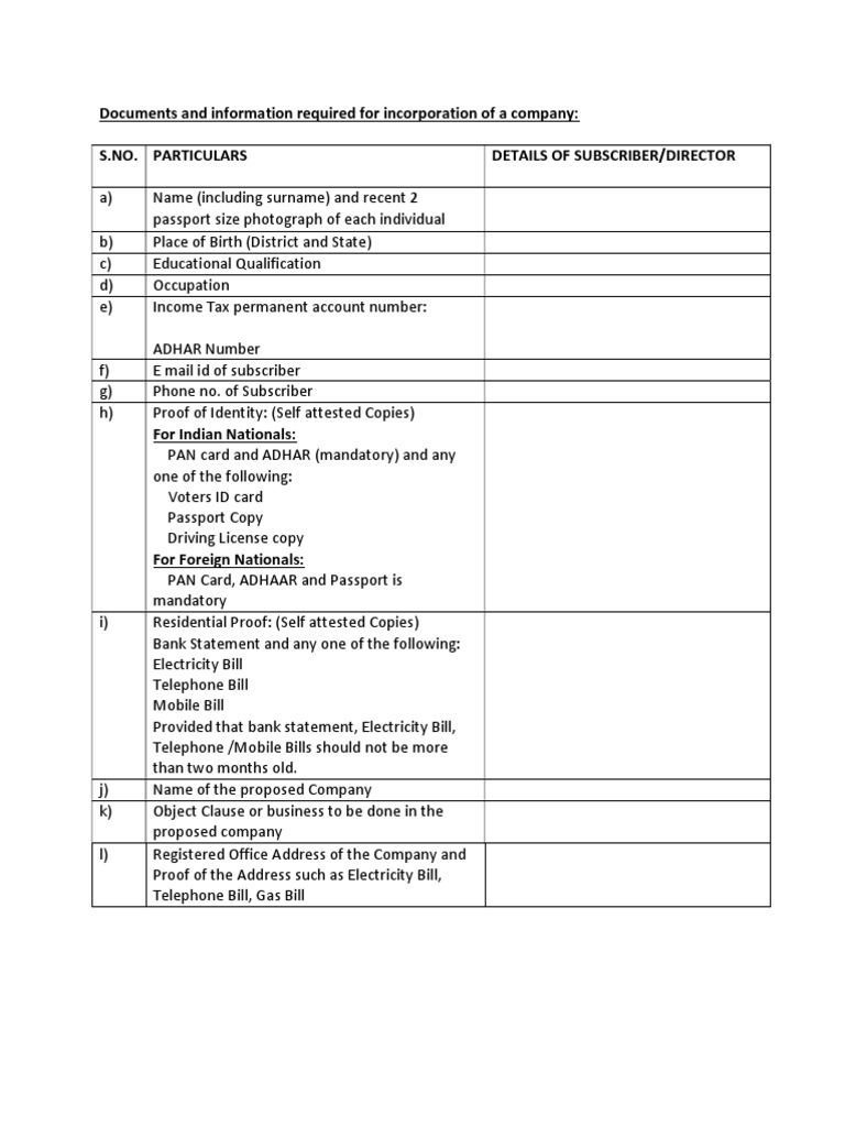 Documents and Information Required For Incorporation of A Company PDF | PDF