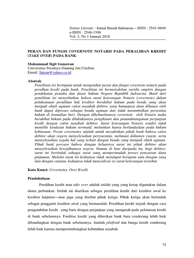 Peran Dan Fungsi Covernote Notaris Pada Peralihan Kredit (Take Over ...