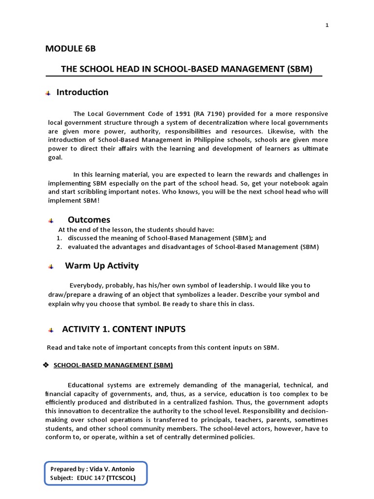 The School Head's Role in School-Based Management | PDF | Education Reform | Teachers