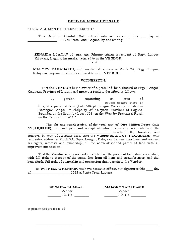 Absolute Sale Deed Laguna Property | PDF | Land Law | Legal Documents