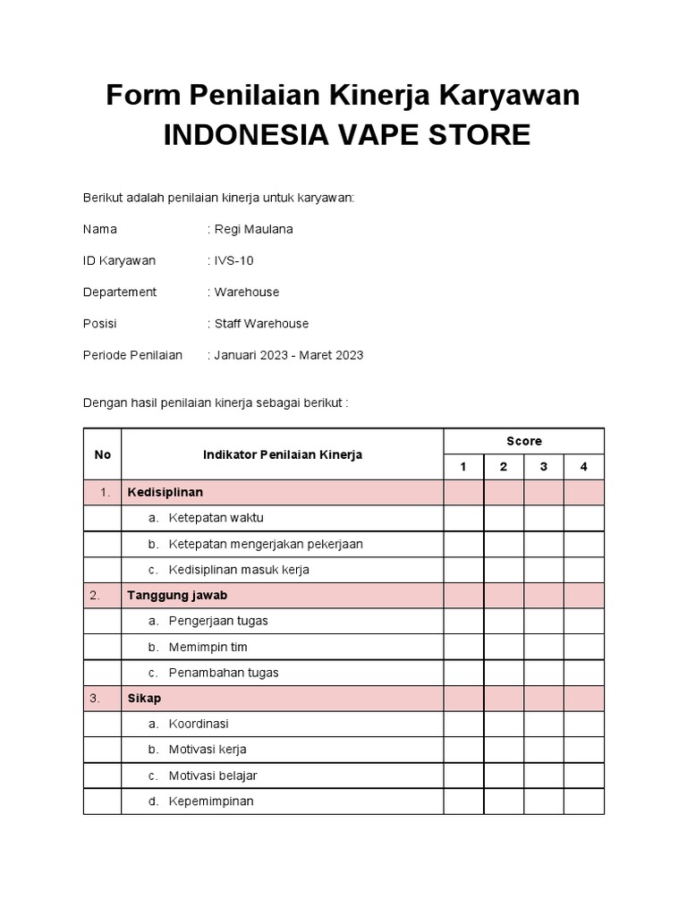 Form Penilaian Kinerja Karyawan IVS Jan-Mar 2023 | PDF