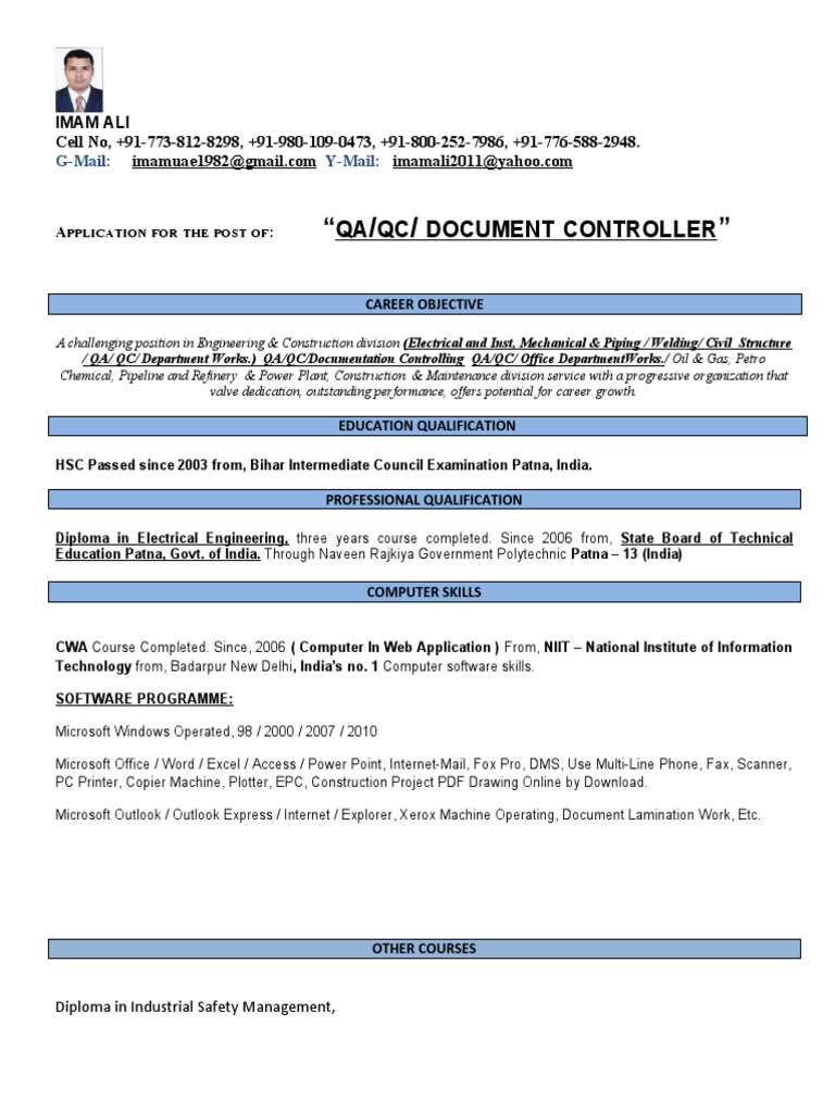 IMAM QC Document Controller Cv-786 | PDF