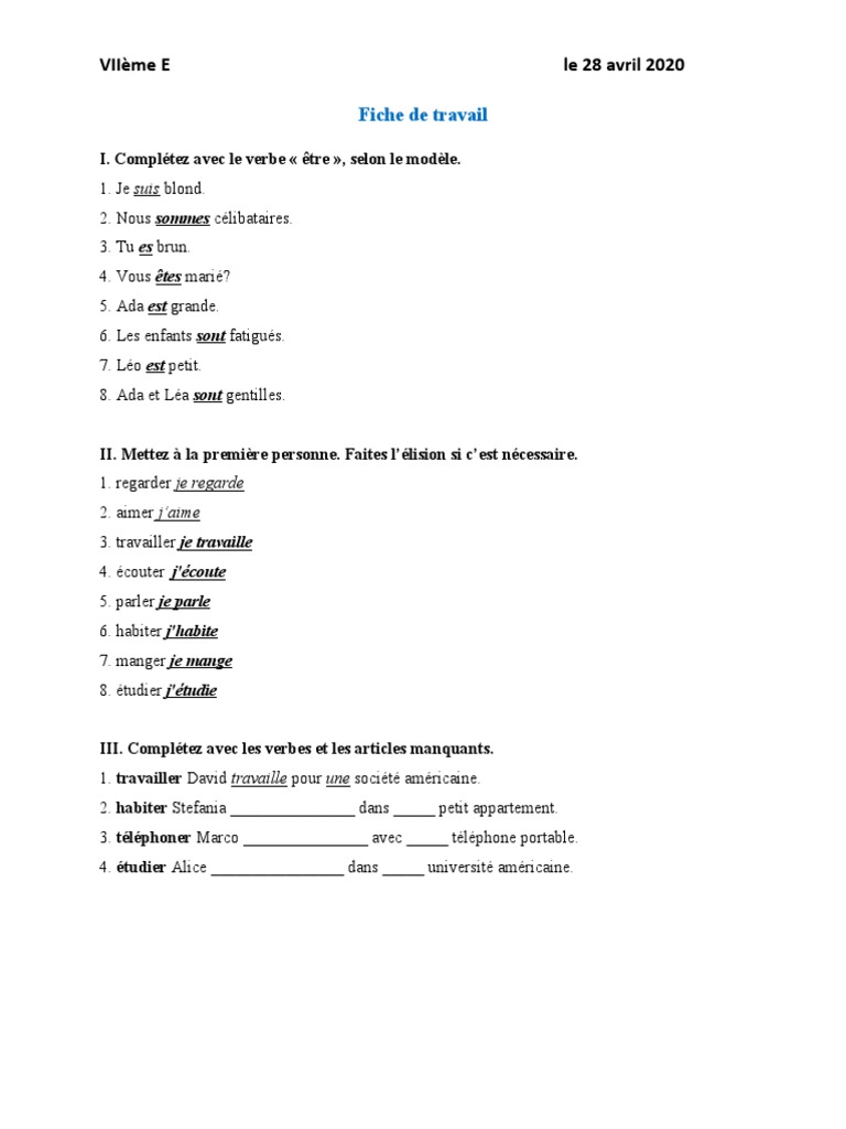 Fiche de Travail 7E | PDF