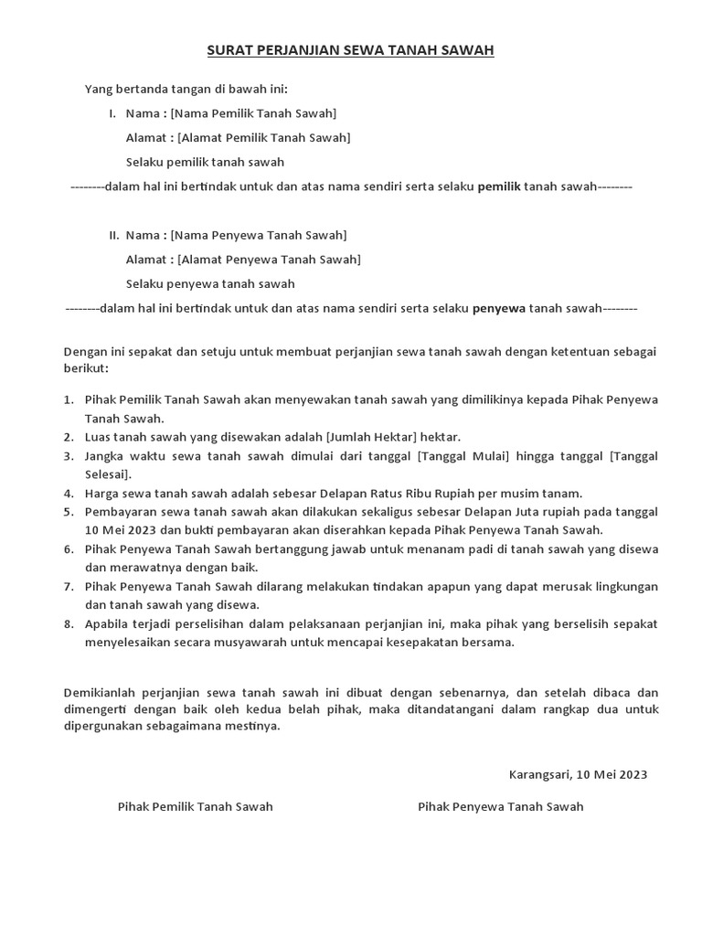 Surat Perjanjian Sewa Tanah Sawah | PDF Surat Perjanjian Sewa Tanah Sawah | PDF