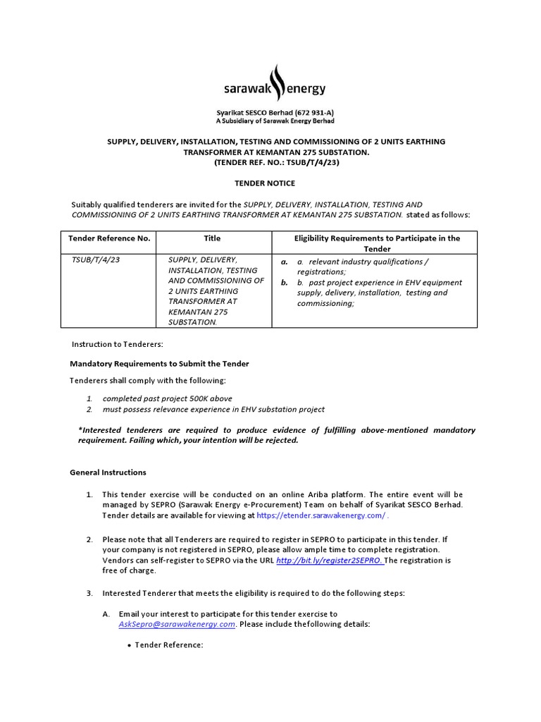 Tender Notice Template ET Kemantan Replacement-2 | PDF | Electrical Substation | Electric Power ...