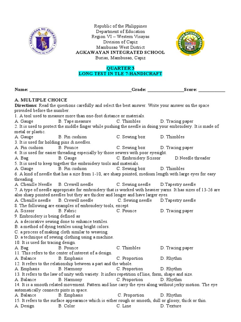 1ST SUMMATIVE TEST IN TLE 7 Q3 (2) | PDF | Sewing | Sewing Needle