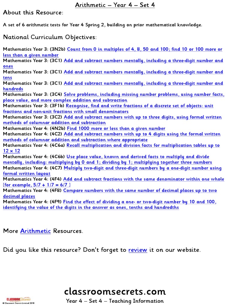 Year 4 Arithmetic Test 14 15.206180536 PDF | PDF | Numbers | Multiplication