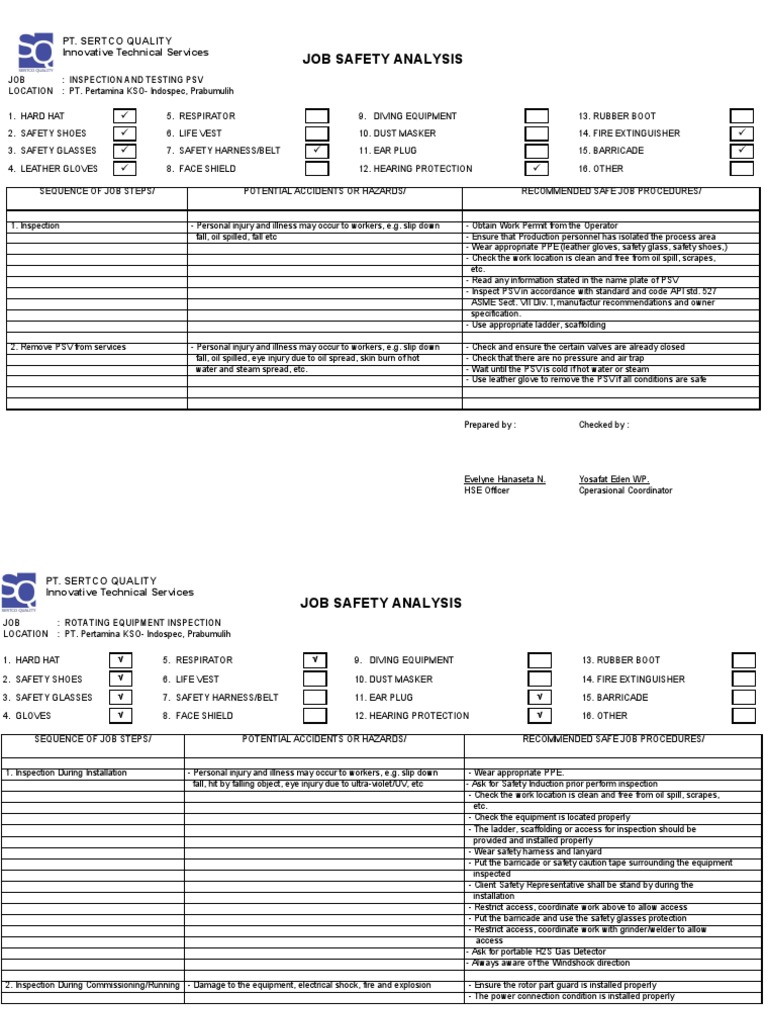 JSA Rotating Equipment Inspection | PDF | Personal Protective Equipment ...