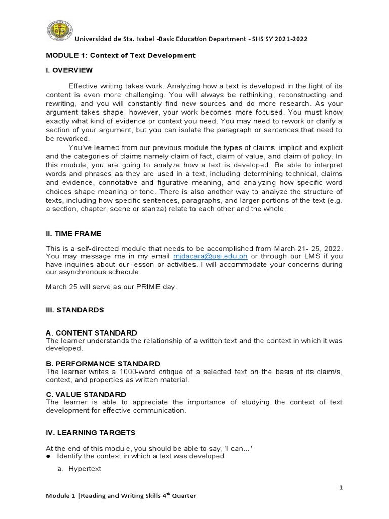4th Quarter Module 1 Context of Text Development | PDF ...
