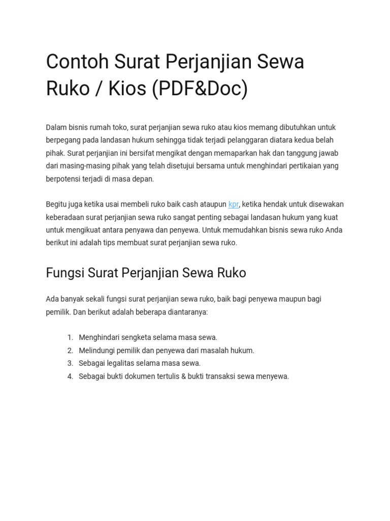 Contoh Surat Perjanjian Sewa Ruko Pdf