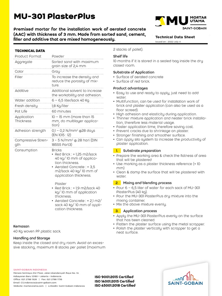 MU-301 PlasterPlus Technical Data Sheet | PDF | Concrete | Plaster