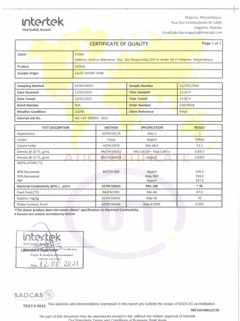 COA of Gasoil Lalgy Shore Tank | PDF