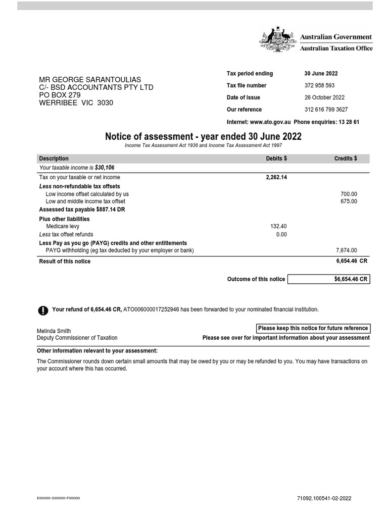 Notice of Assessment - Year Ended 30 June 2022 | PDF