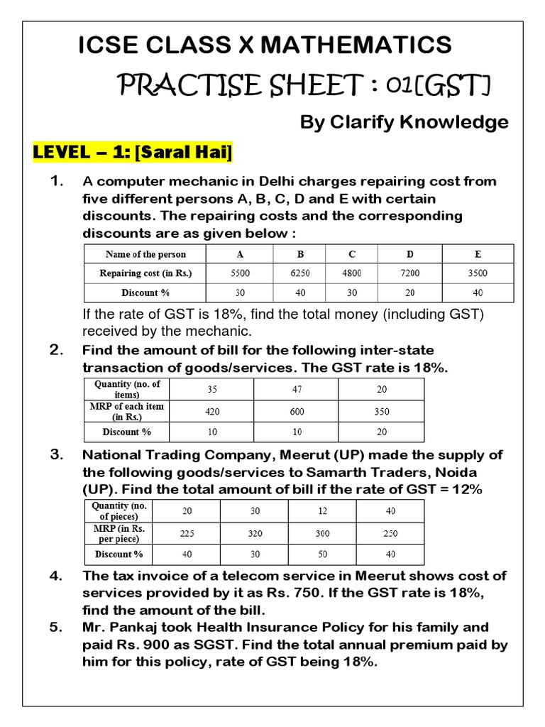 Icse Class X Maths Practise Sheet 1 GST PDF | PDF | Financial Services ...