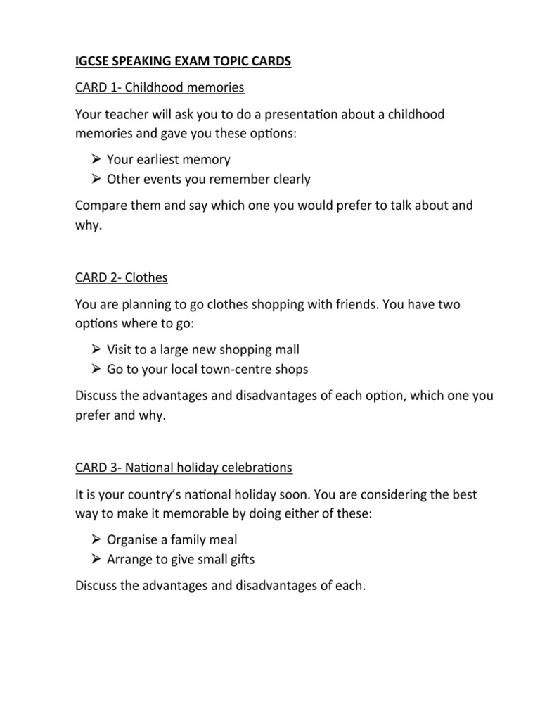 IGCSE SPEAKING EXAM TOPIC CARDS 2.docx | PDF