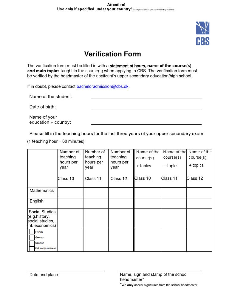 CBS Verification Form - DK 2 | PDF