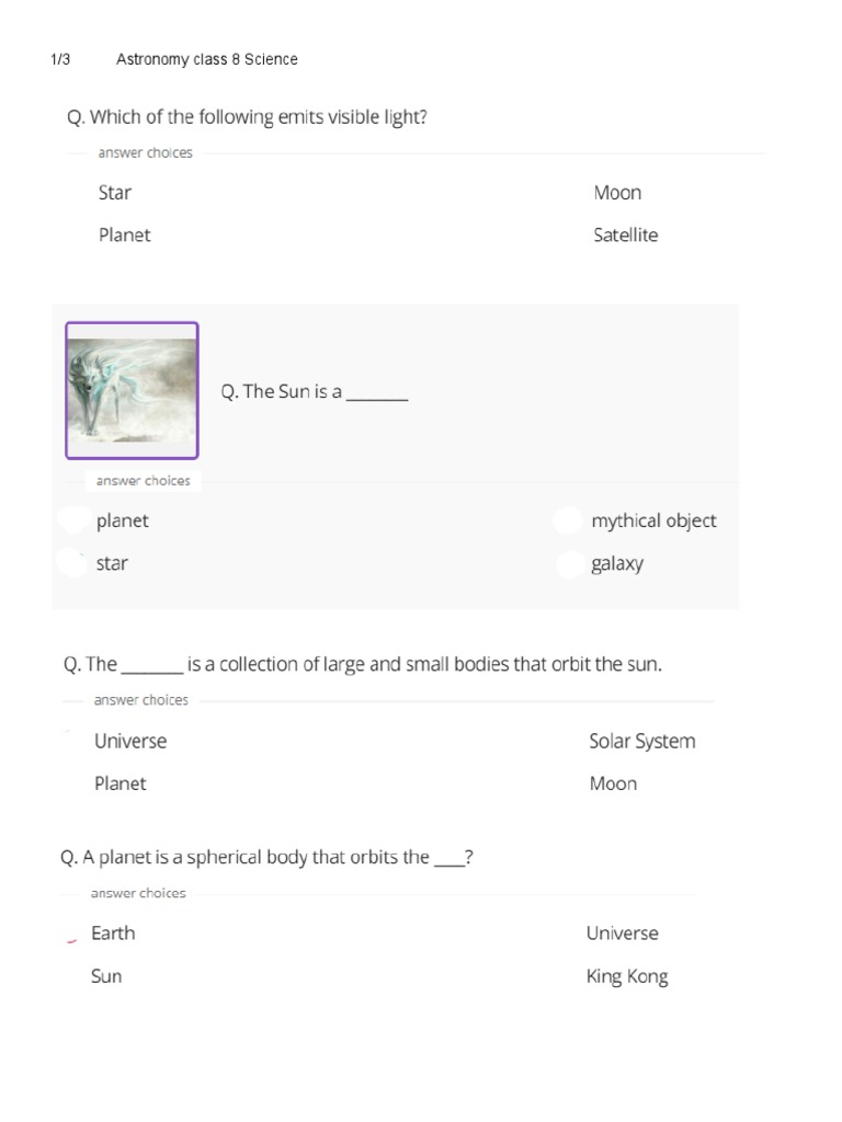 Class 8 Astronomy Quiz | PDF