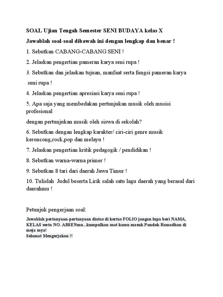 SOAL PTS SENI BUDAYA Kelas X | PDF