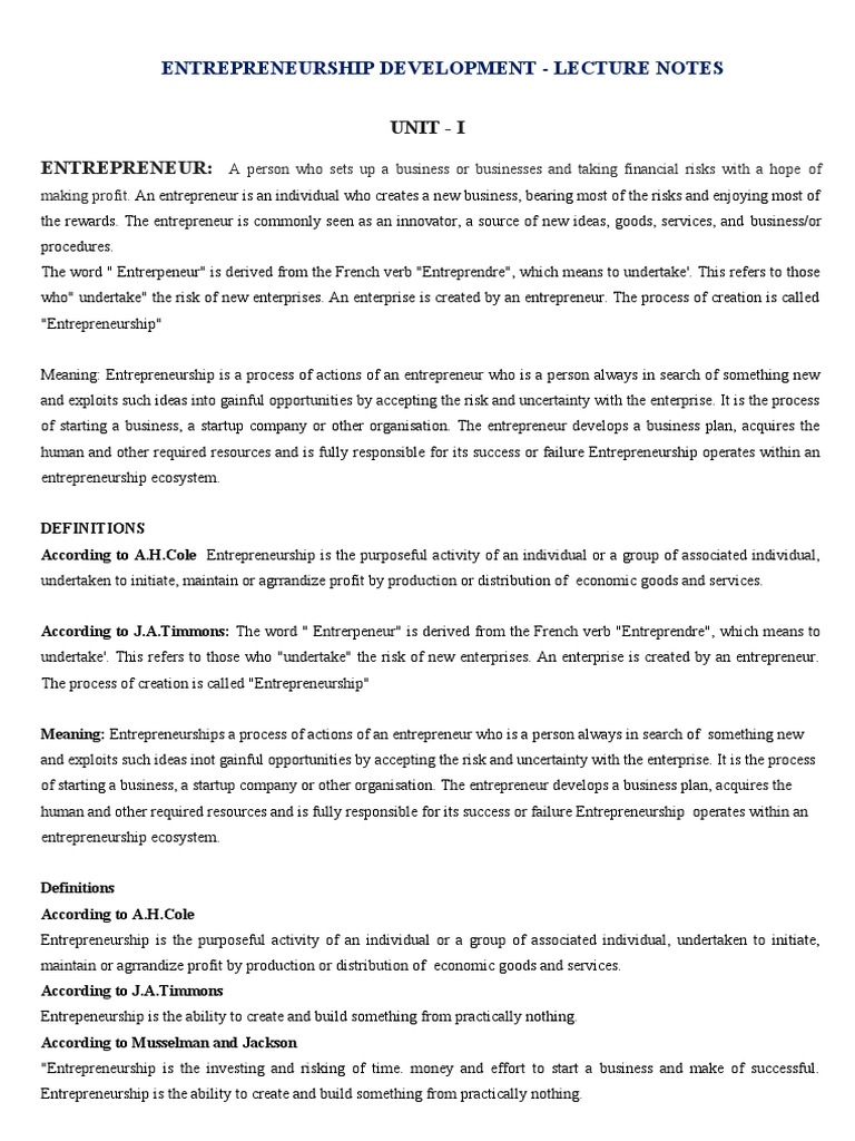 Entrepreneurship Development - Lecture Notes: Unit - I Entrepreneur | PDF