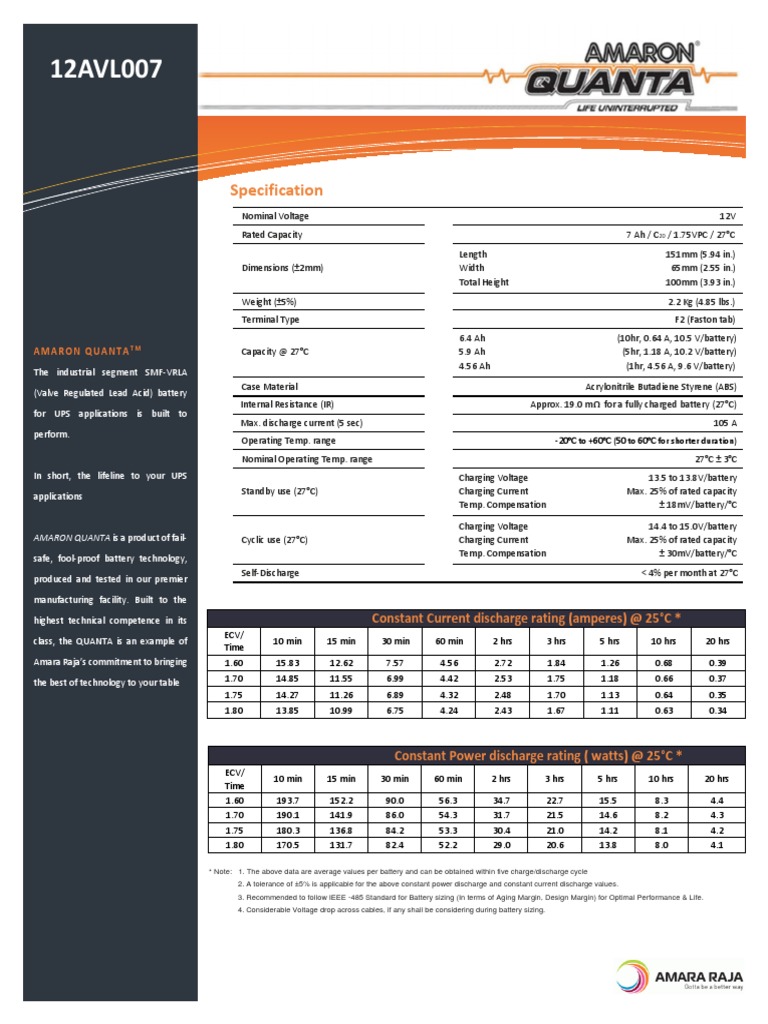 Battery VRLA - Amaron Quanta 12V 7ah 12AL007 Datasheet | PDF | Electrical Engineering | Electricity