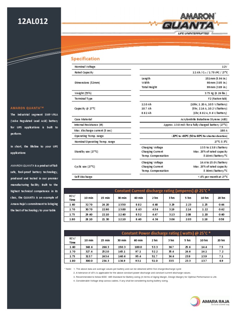 Amaron Quanta 12V 12Ah Battery Specs | PDF | Electricity | Electrical ...