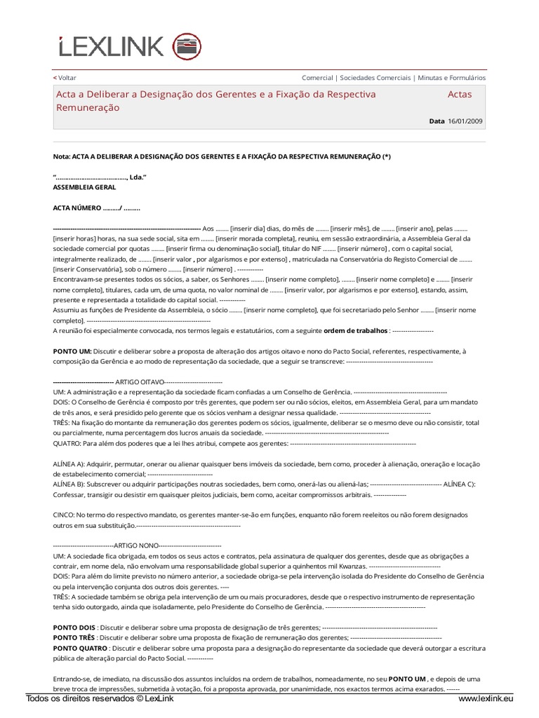 Acta A Deliberar A Designacao Dos Gerentes e A Fixacao Da Respectiva ...