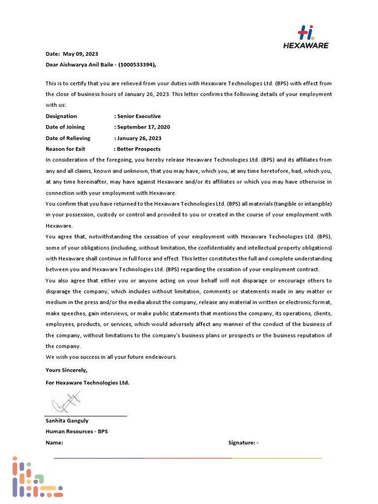 Hexaware Relieving Letter for Aishwarya Anil | PDF | Career & Growth ...