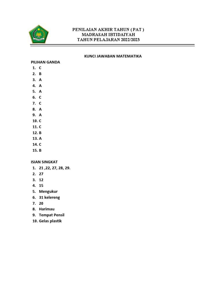 Kunci Jawaban MTK KLS 1 | PDF