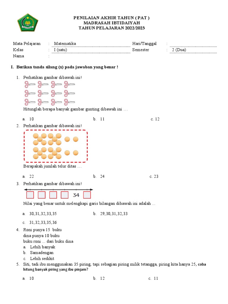 Naskah Soal Matematika Kls 1 | PDF
