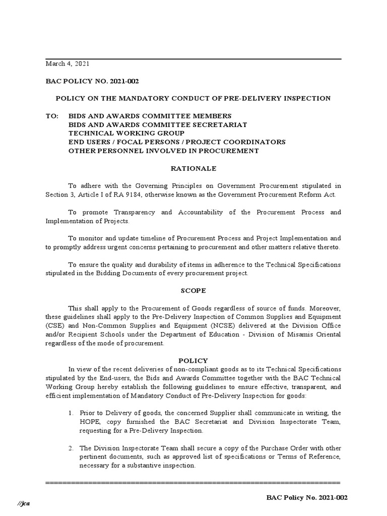 2021-02 Policy On The Mandatory Conduct of Pre-Delivery Inspection ...