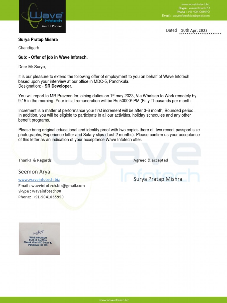 Offer Letter For Surya PDF | PDF