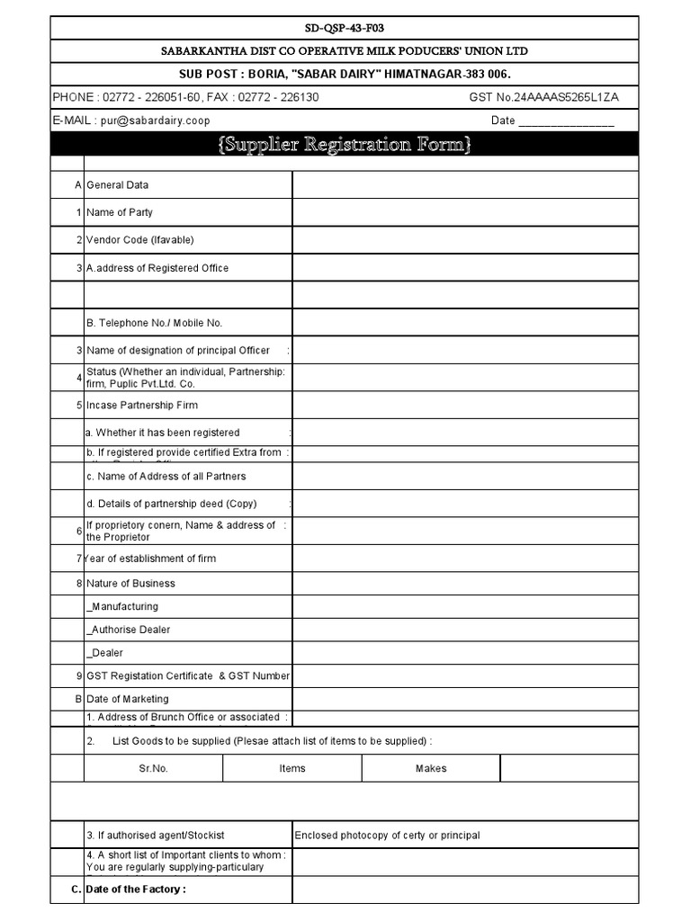 Supplier Registration Form Download Free Pdf Business Computing