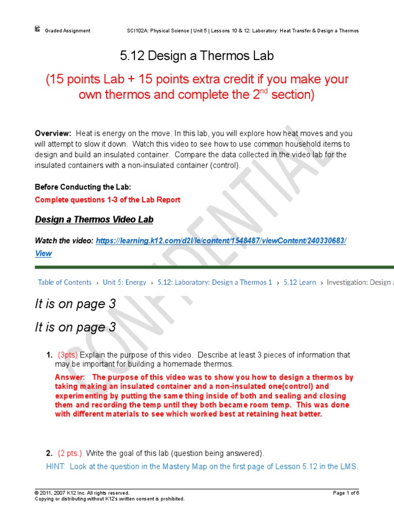 15 Points Lab + 15 Points Extra Credit If You Make Your Own Thermos and Complete The 2 Section ...