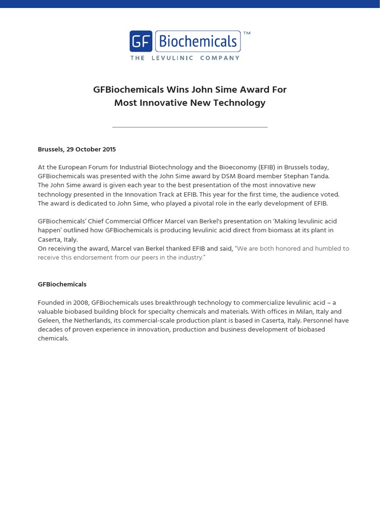 GFBiochemicals Wins John Sime Award | PDF | Technology & Engineering