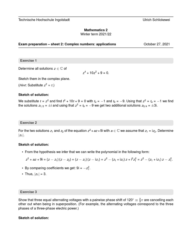 Exam Preparation Sheet 2 - Applications of Complex Numbers With Solutions | PDF | Complex Number ...