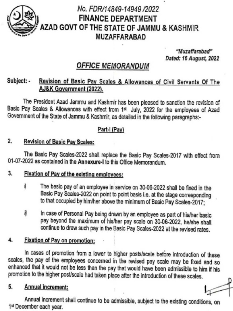 Revised Basic Pay Scales 2022 AJK | PDF