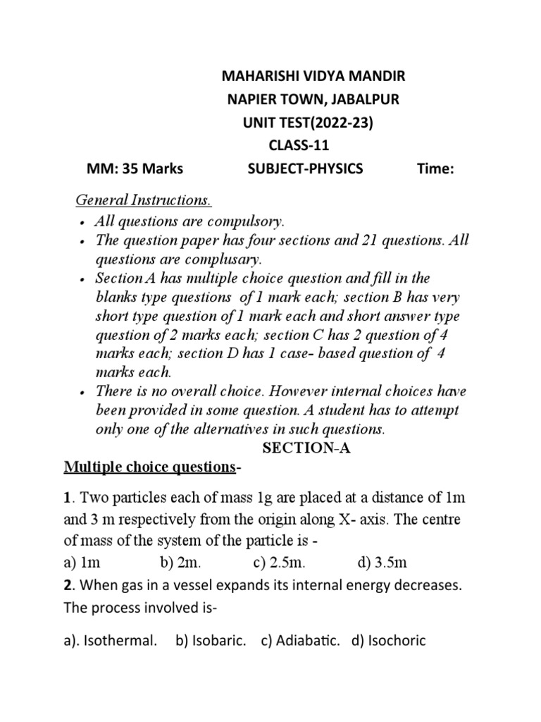 Class 11 Physics Unit Test Paper | PDF | Temperature | Heat
