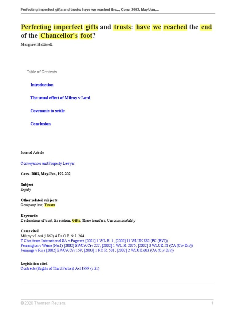 Perfecting Imperfect Gifts and Trusts Have We Reached The End of The Chancellors Foot | PDF ...