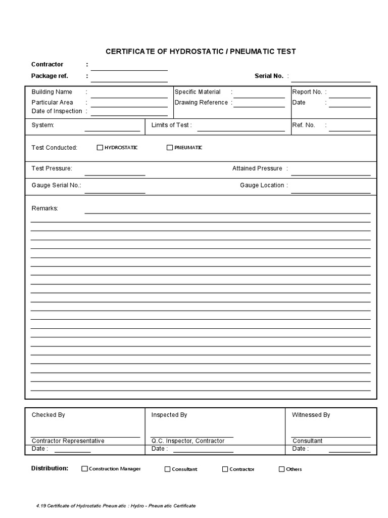 4.19 Certificate of Hydrostatic Pneumatic | PDF