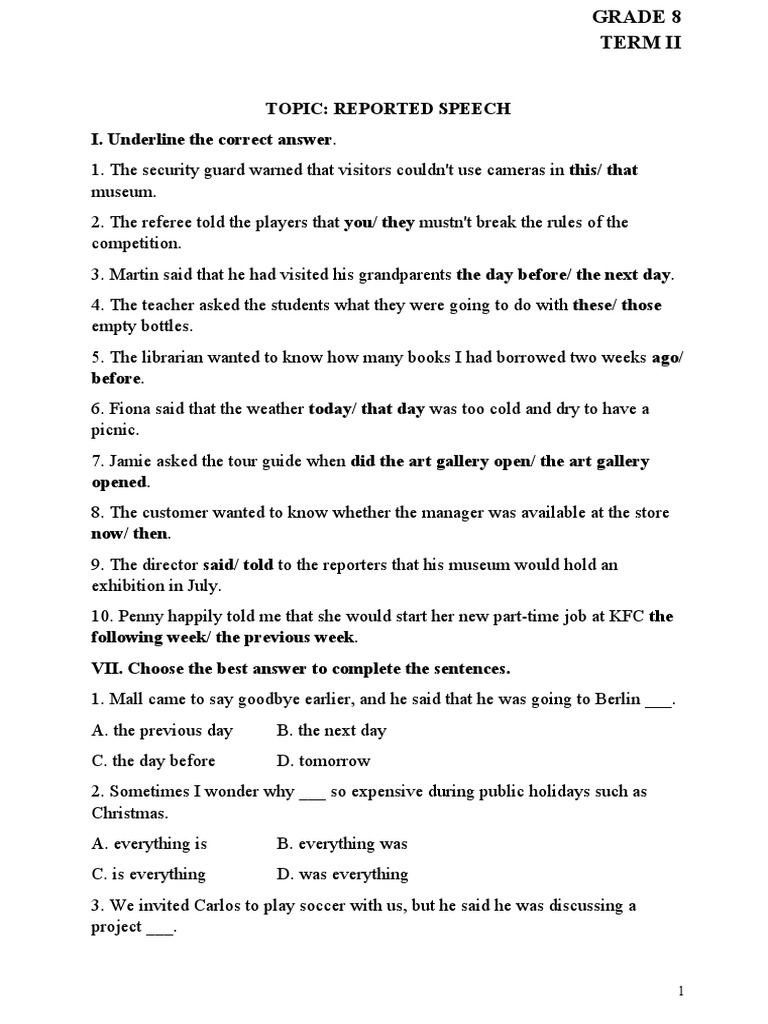 G8 - U11 Topic Reported Speech | PDF