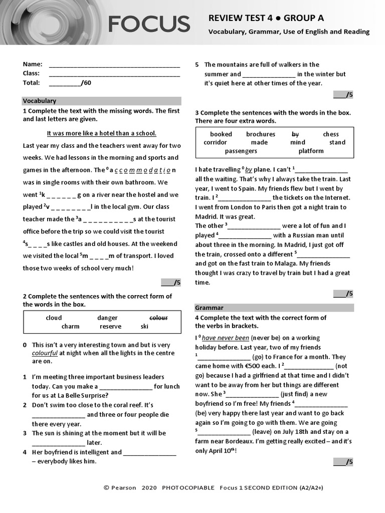 Focus1 2E Review Test 4 Units1 8 Vocabulary Grammar UoE Reading GroupA ...