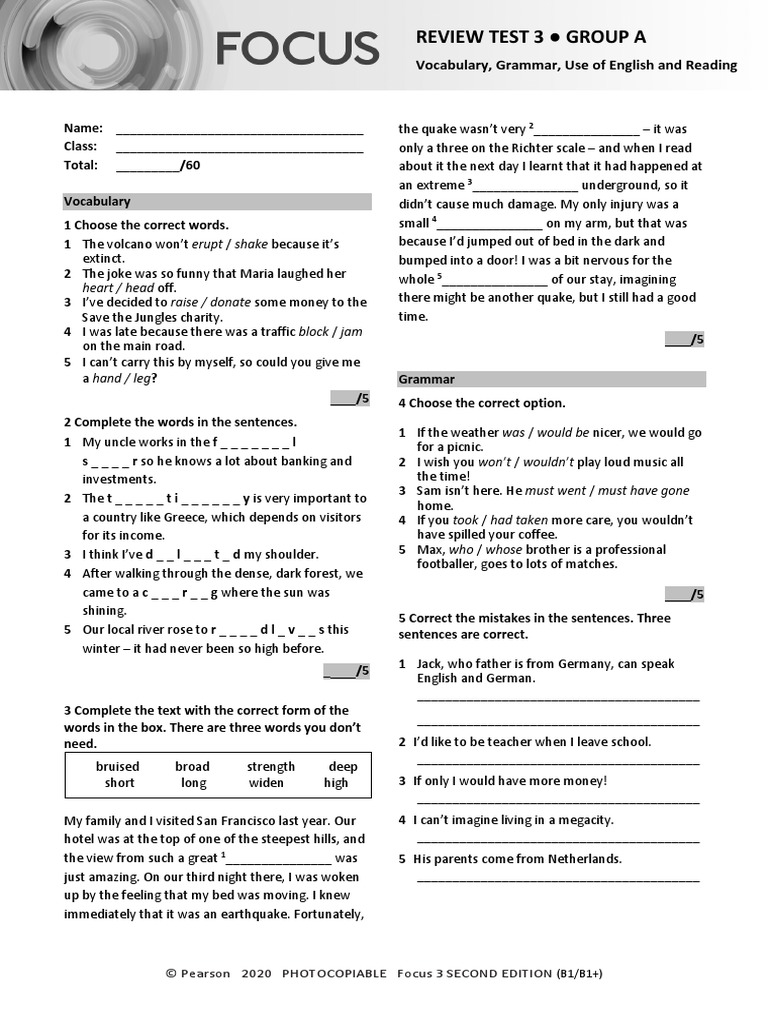 Focus3 2E Review Test 3 Units1 6 Vocabulary Grammar UoE Reading GroupA ...