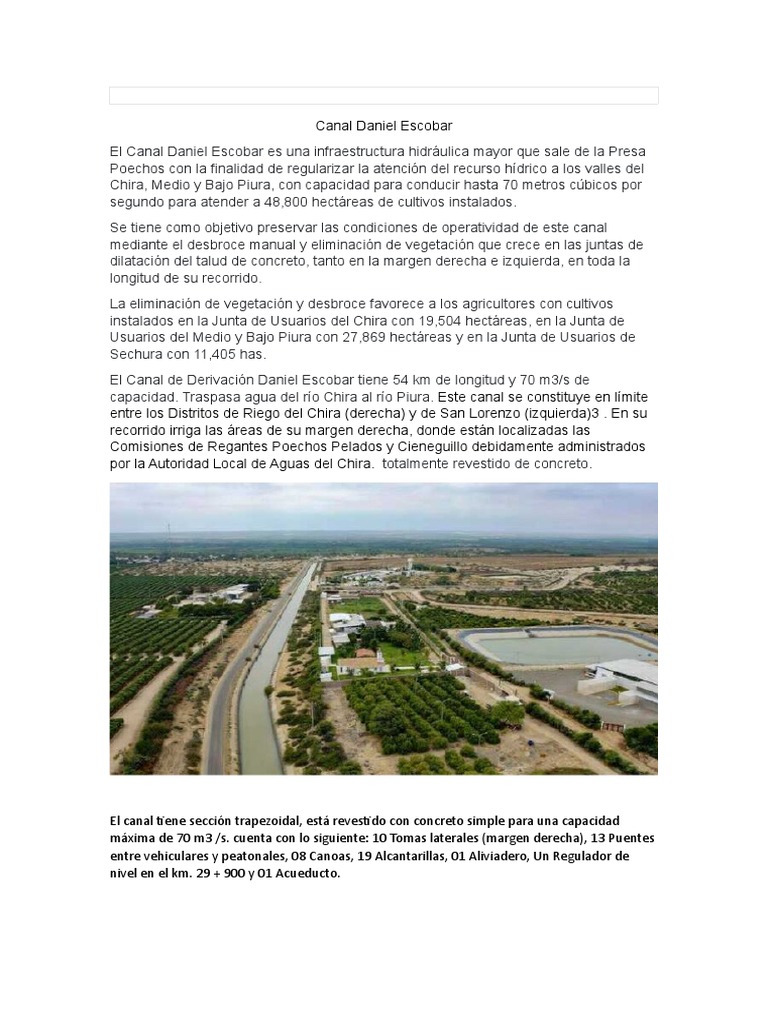 Canal Daniel Escobar: Infraestructura Hidráulica | PDF | Viajes y ...