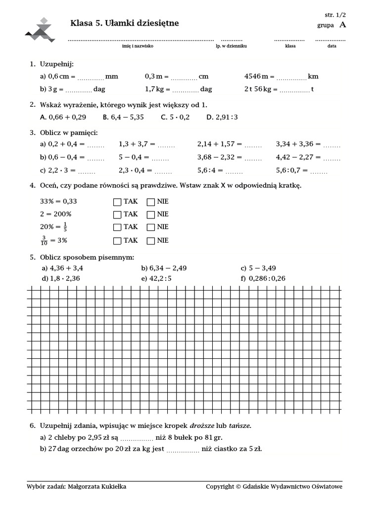 Klasa 5. Ułamki Dziesiętne | PDF