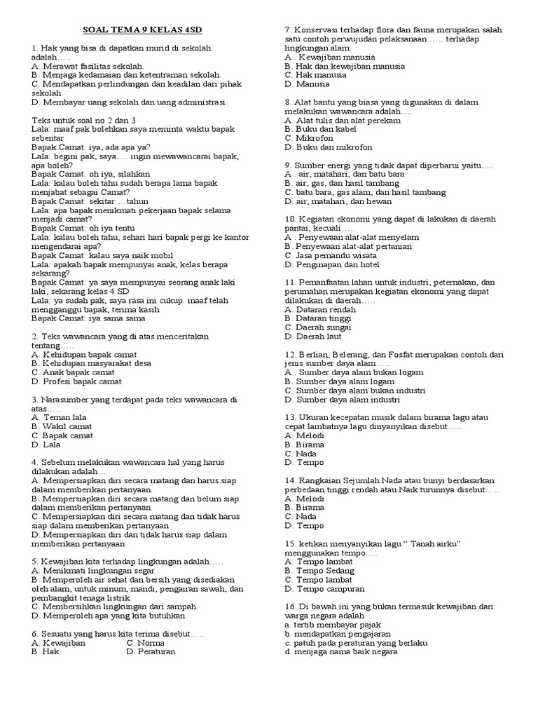Soal Tema 9 Kelas 4SD | PDF